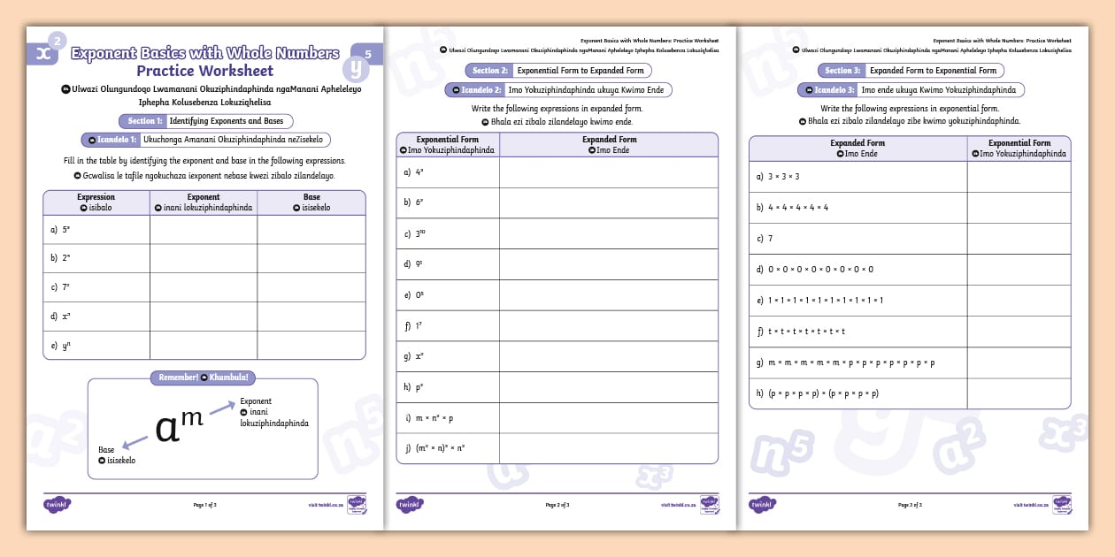 Exponent Basics with Whole Numbers Practice Worksheet isiXhosa