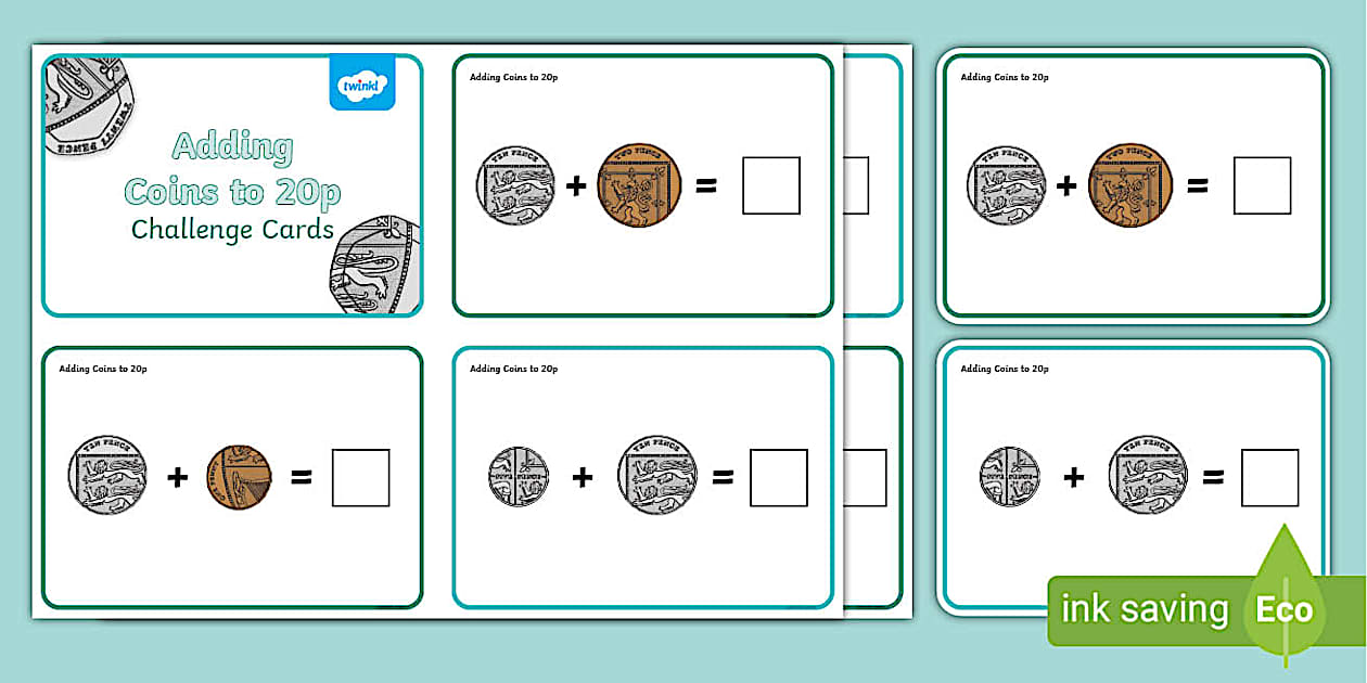 Adding Coins to 20p Challenge Cards (teacher made) - Twinkl