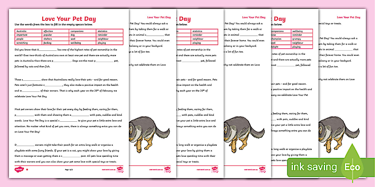 Love Your Pet Day Differentiated Cloze Activity - Twinkl