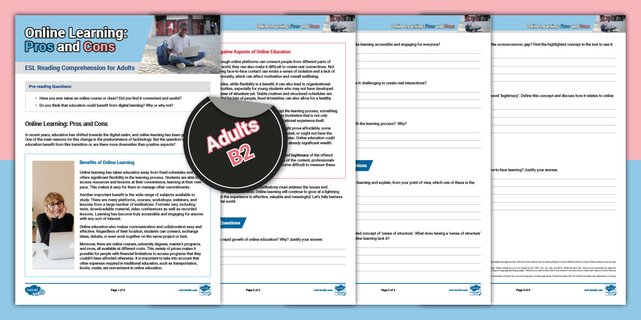 ESL Online Learning: Pros and Cons [Adults, B2] - Twinkl