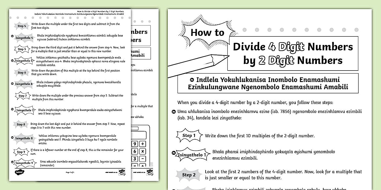 How to Divide 4 Digit Numbers by 2 Digit Numbers Activity Sheet