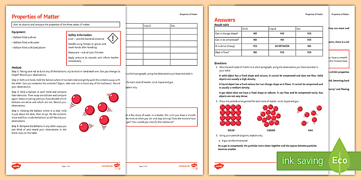 Properties of Matter Investigation Instruction Sheet Print-Out
