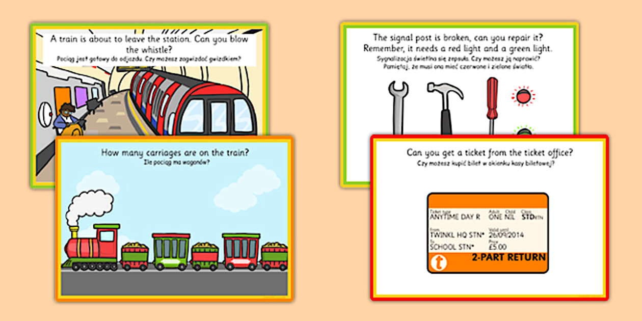 Challenge Cards Train Station Polish Translation - Twinkl