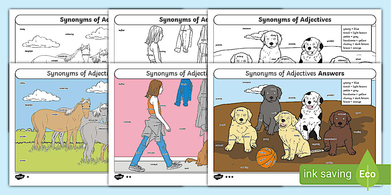 Synonyms of Adjectives Colouring Activity Sheet - Twinkl