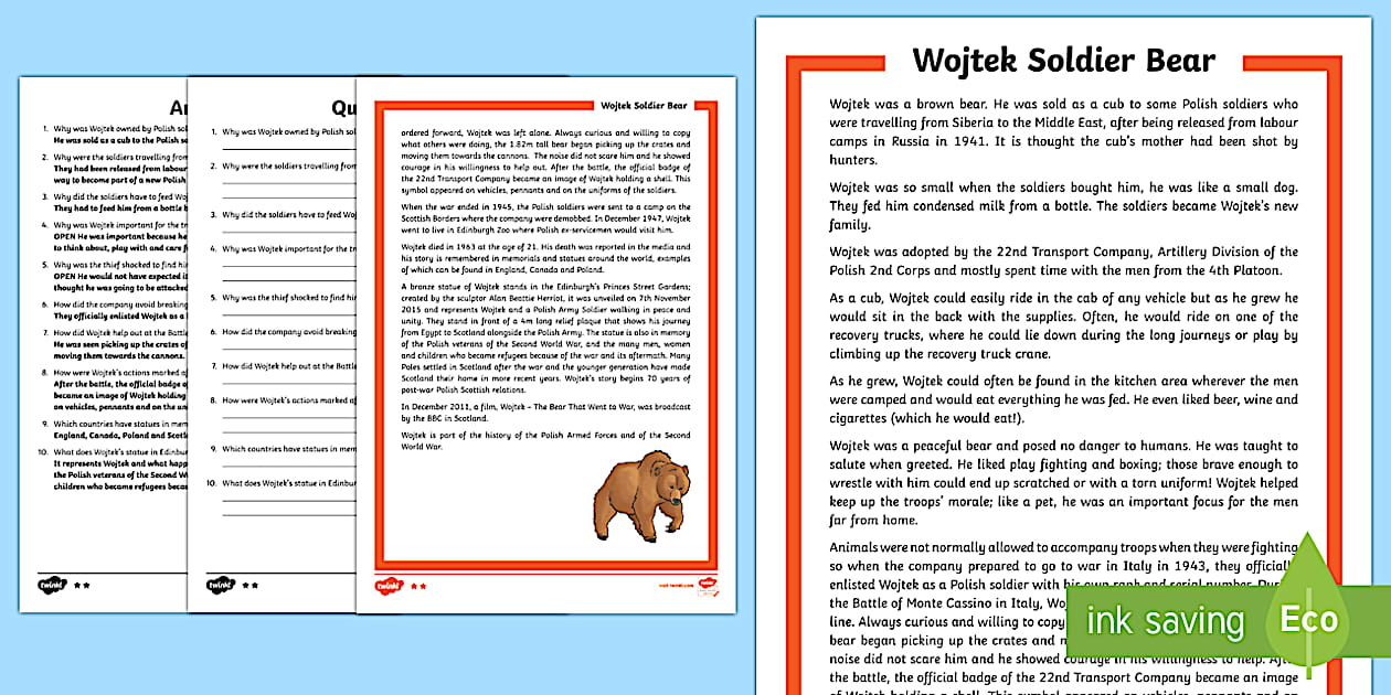 Wojtek Soldier Bear Differentiated Reading Comprehension Activity