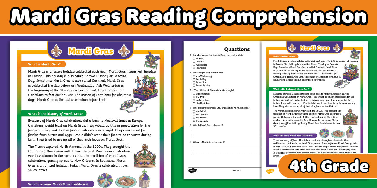 Fourth Grade Mardi Gras Reading Comprehension Worksheet