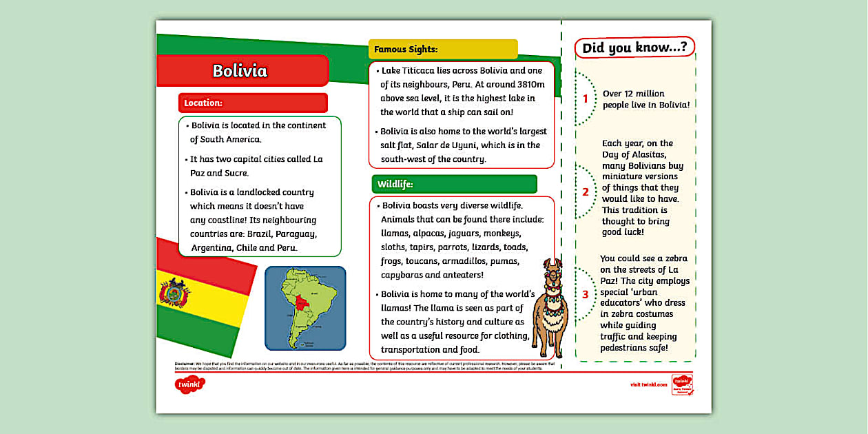 Important Facts about Bolivia: Fact File (teacher made)