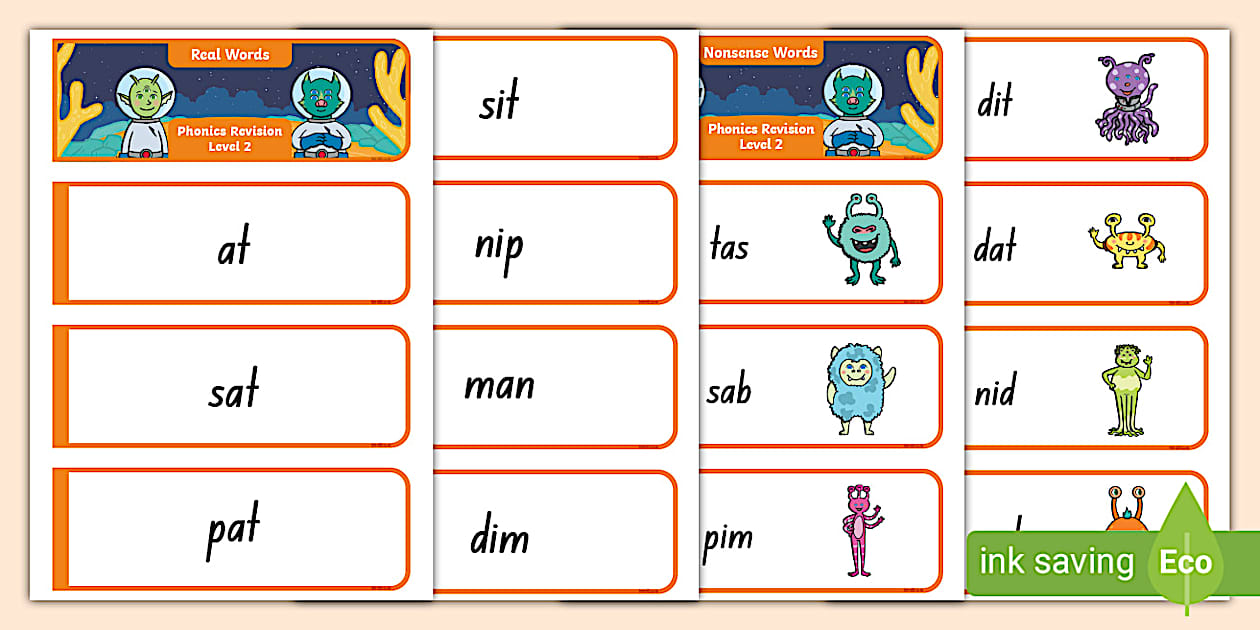 Level 2 Twinkl Phonics: Real and Nonsense Word Flashcards