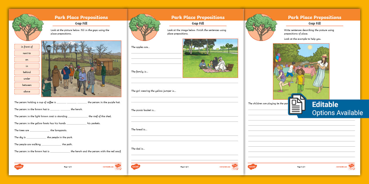 Park Place Prepositions Fill The Gap Activities for EAL Learners