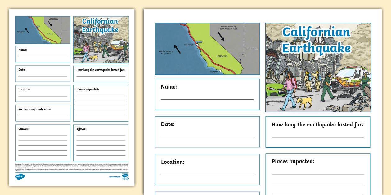 * NEW * California Earthquakes Fact File Template - Twinkl
