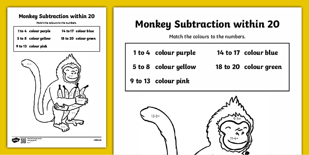 Colour Subtraction from 20 Monkey Worksheet / Worksheet