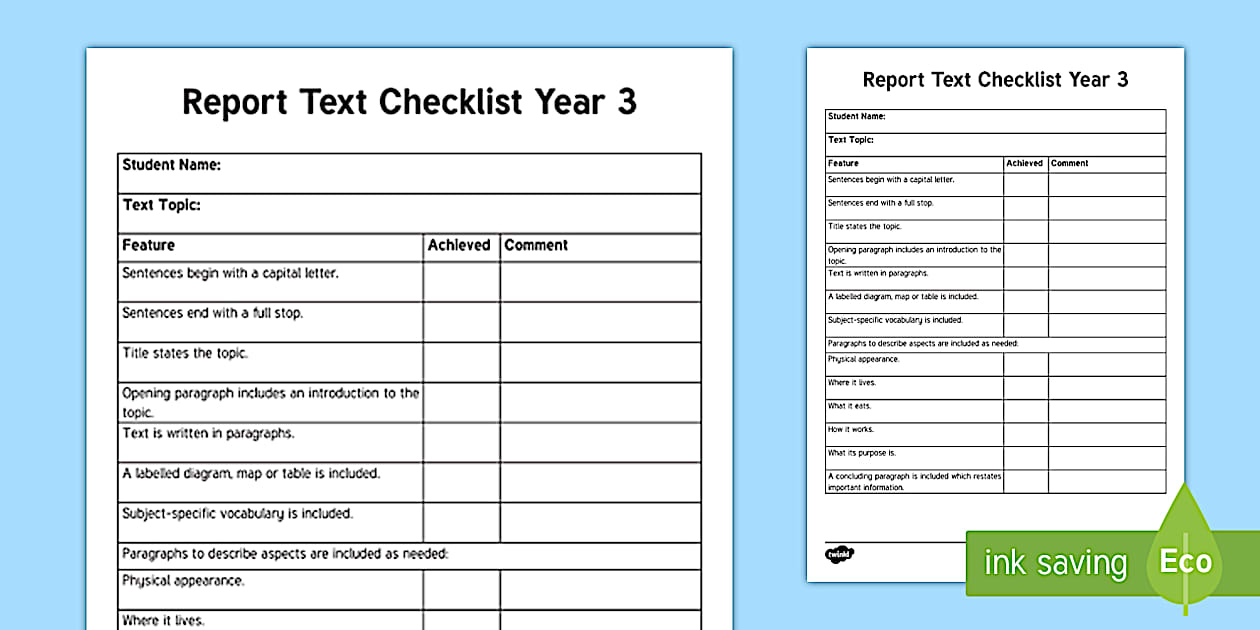 Editable Year 3 Report Checklist (teacher made) - Twinkl