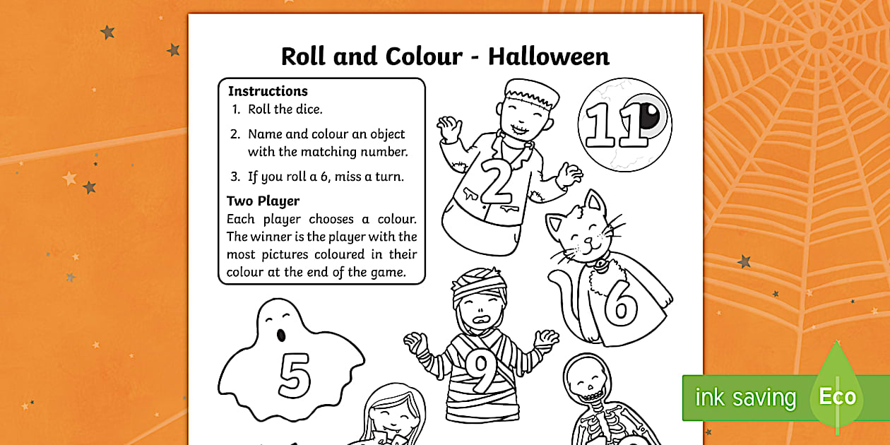 Halloween Aistear Roll and Colour Worksheet - Twinkl