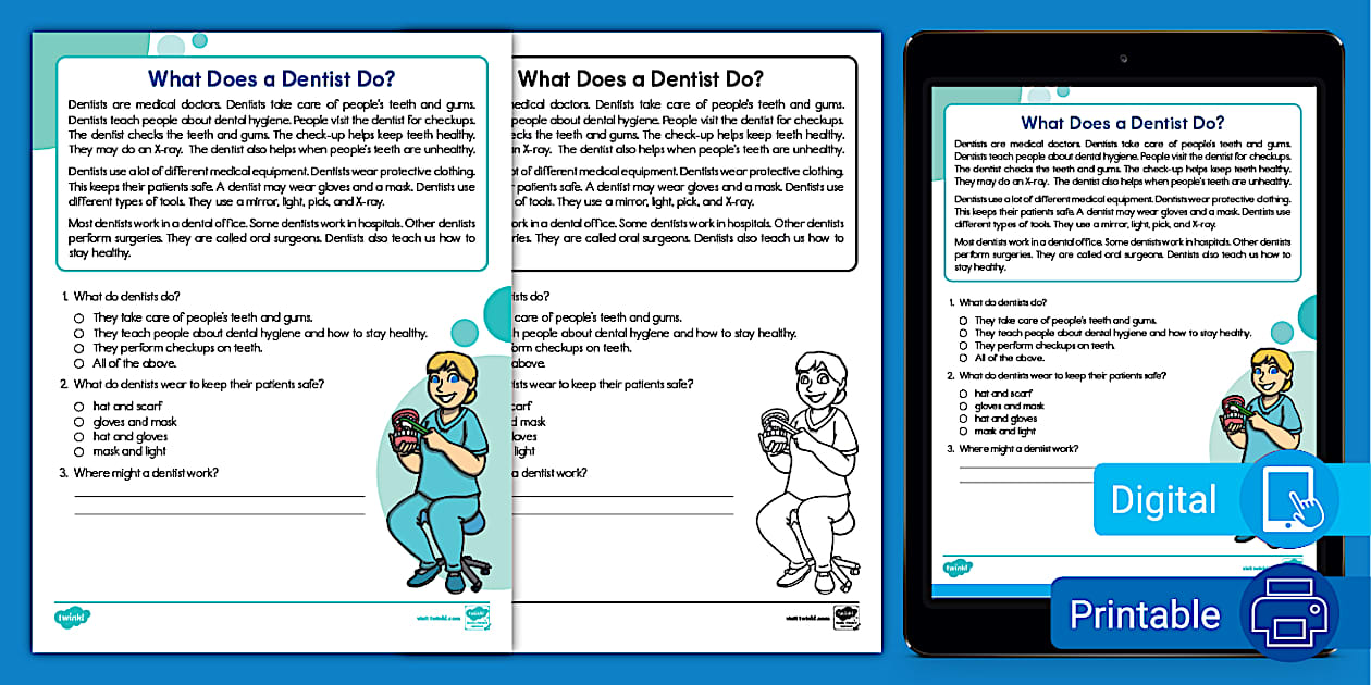 Second Grade What Does a Dentist Do? Reading Passage Comprehension ...