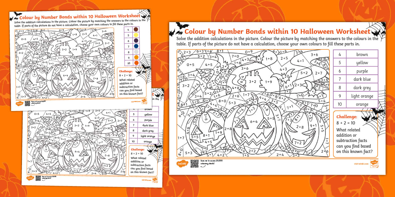 👉 Colour by Number Bonds Within 10 Halloween Worksheet