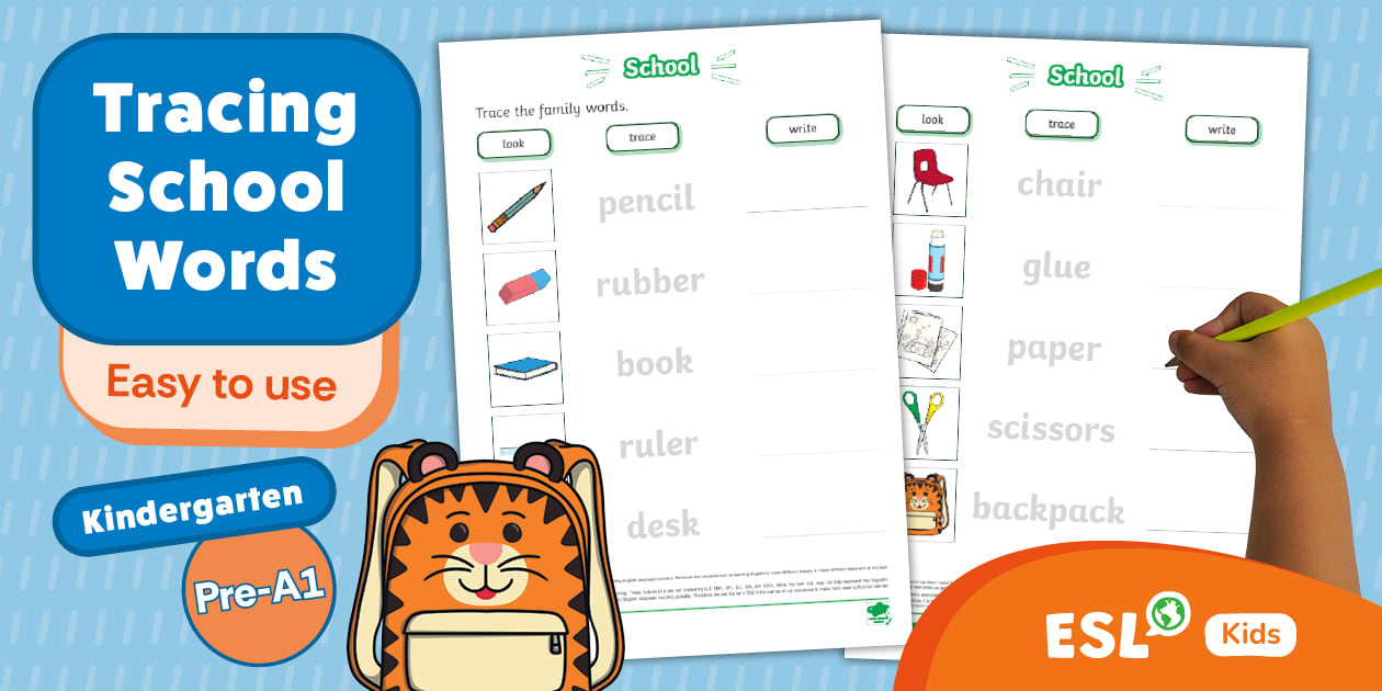 ESL Trace the School Words [Kindergarten, Pre-A1]