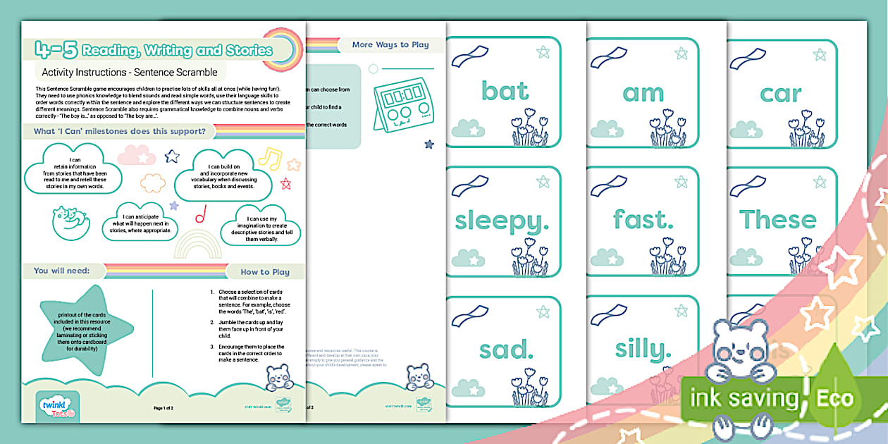 4-5 years Reading, Writing and Stories Sentence Scramble