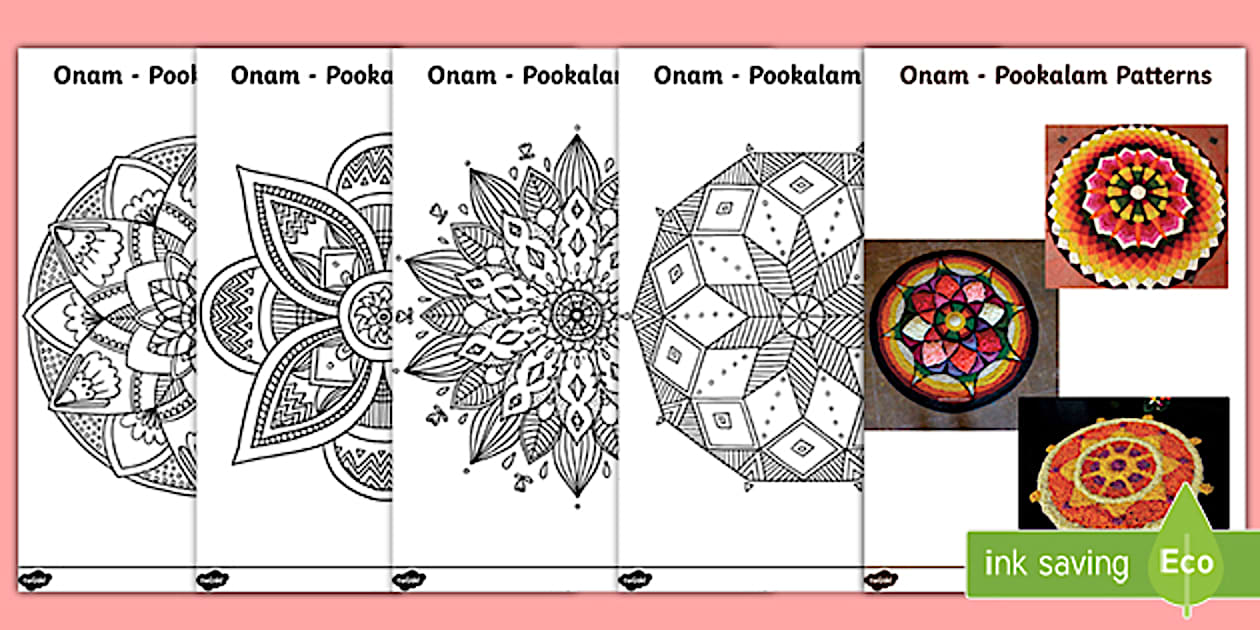 Onam - Pookalam Patterns Colouring Sheets - Twinkl