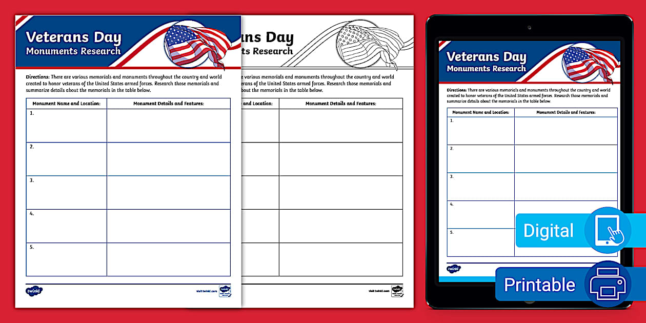 Sixth Grade Veterans Day Monuments Research Activity
