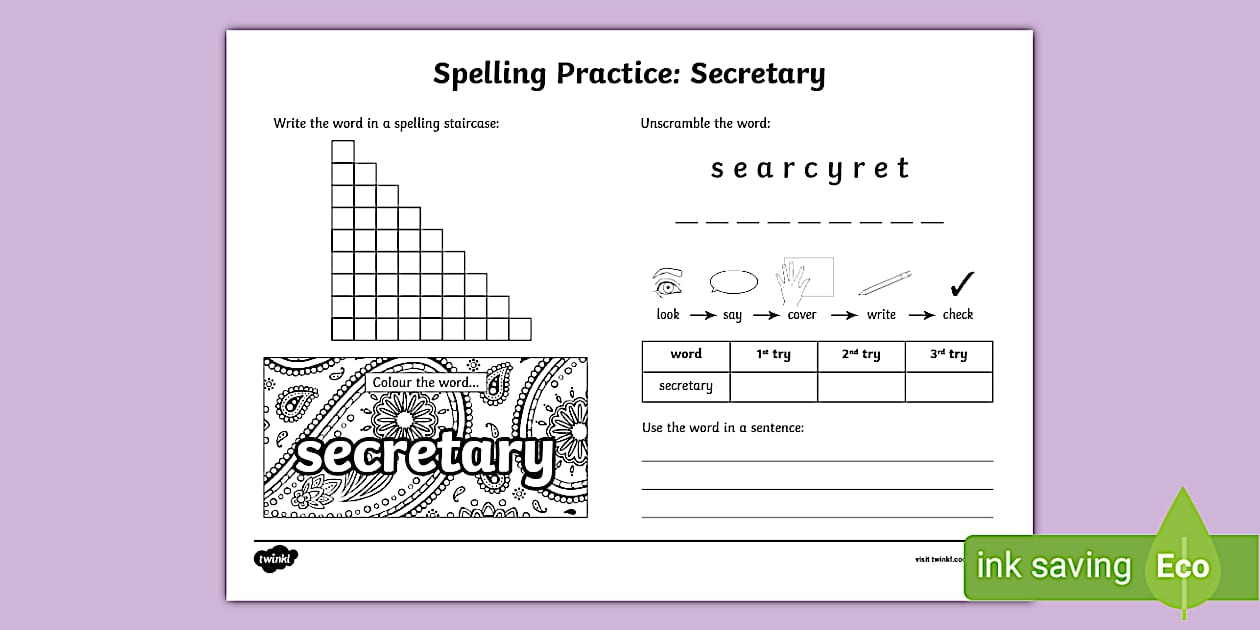 Secretary Spelling Practice Worksheet (teacher made)