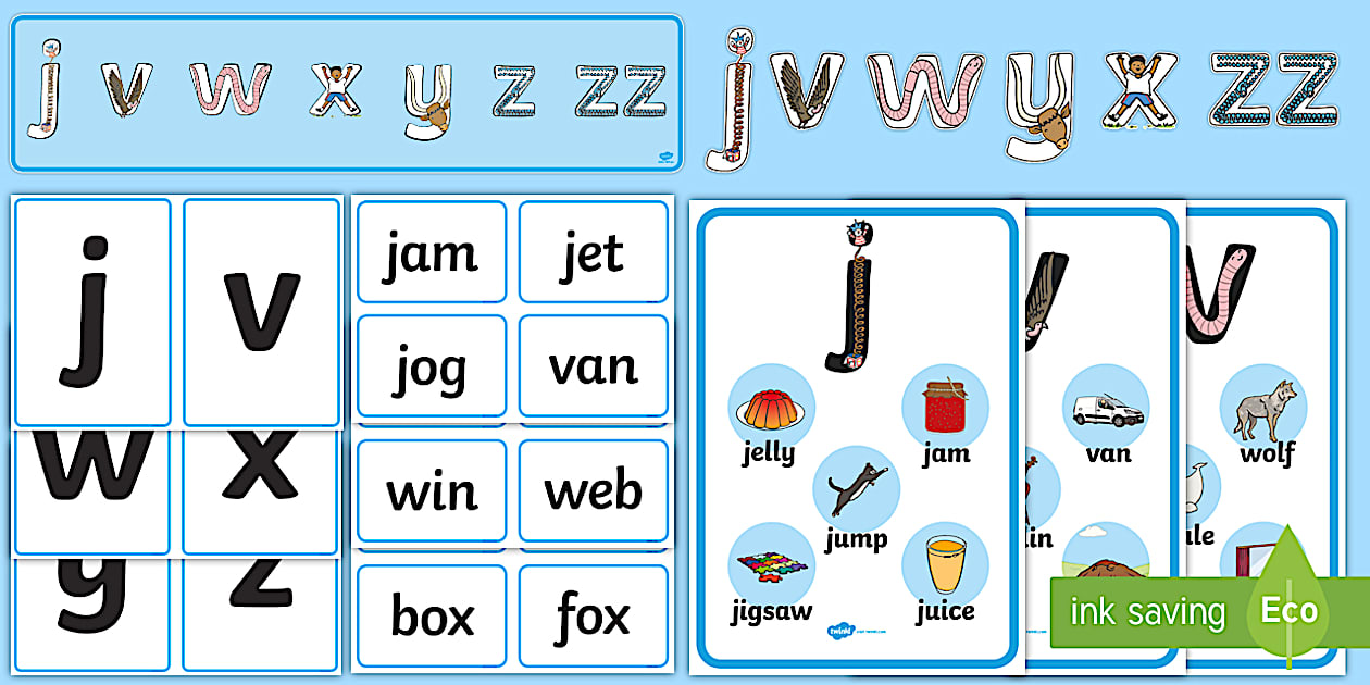 J,V,W,X,Y,Z,ZZ Phonics Display Pack (teacher made) - Twinkl