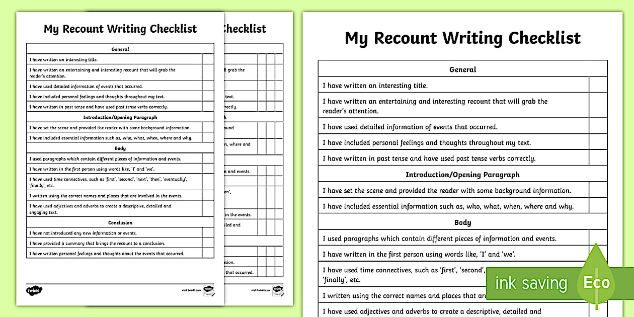 Editable Recount Writing Student Checklist (teacher made)
