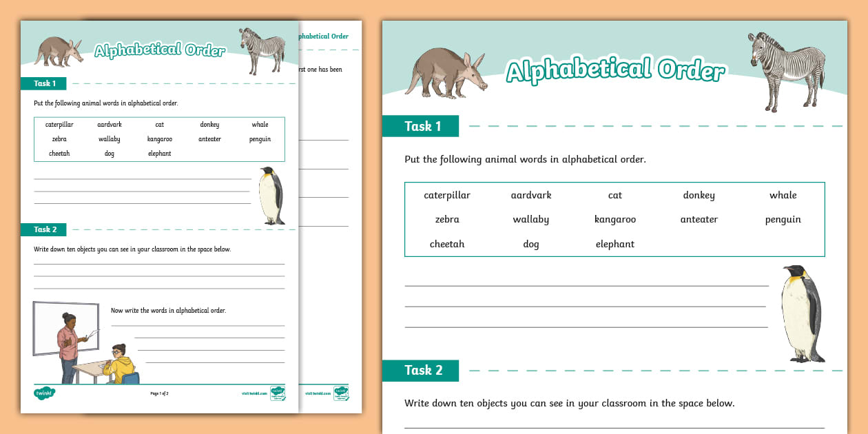 Alphabetical Order Activity Sheet (Teacher-Made) - Twinkl