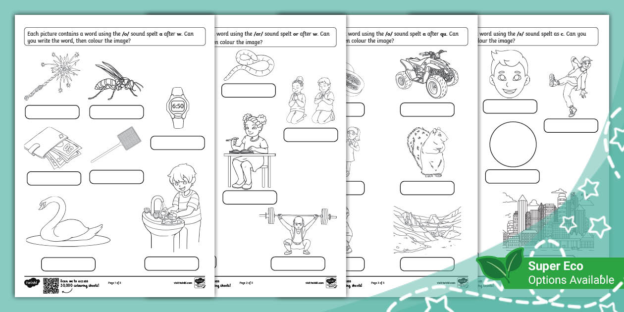 Spelling Colouring Pack: wa, wor, qua, /s/ spelt c and /zh/ spelt s