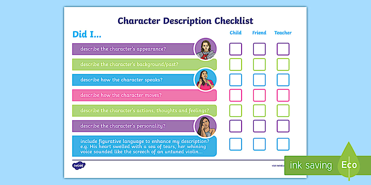 Editable Describing Characters Success Criteria Checklist