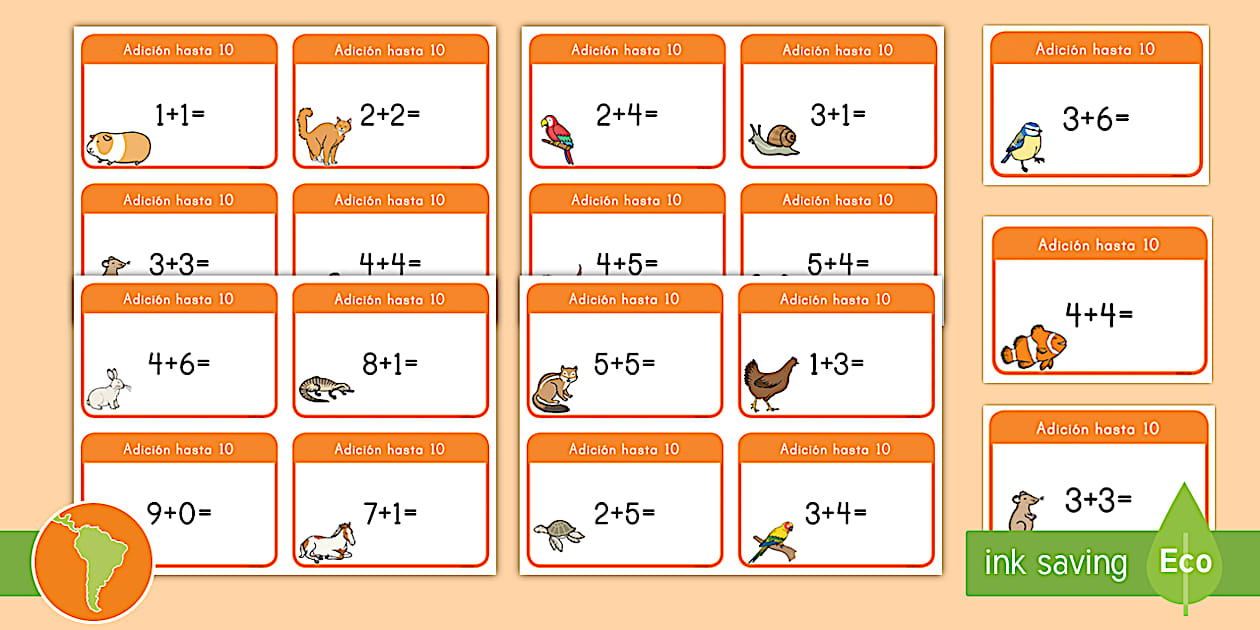 Tarjetas educativas: Sumas hasta 10 - Animales - Twinkl