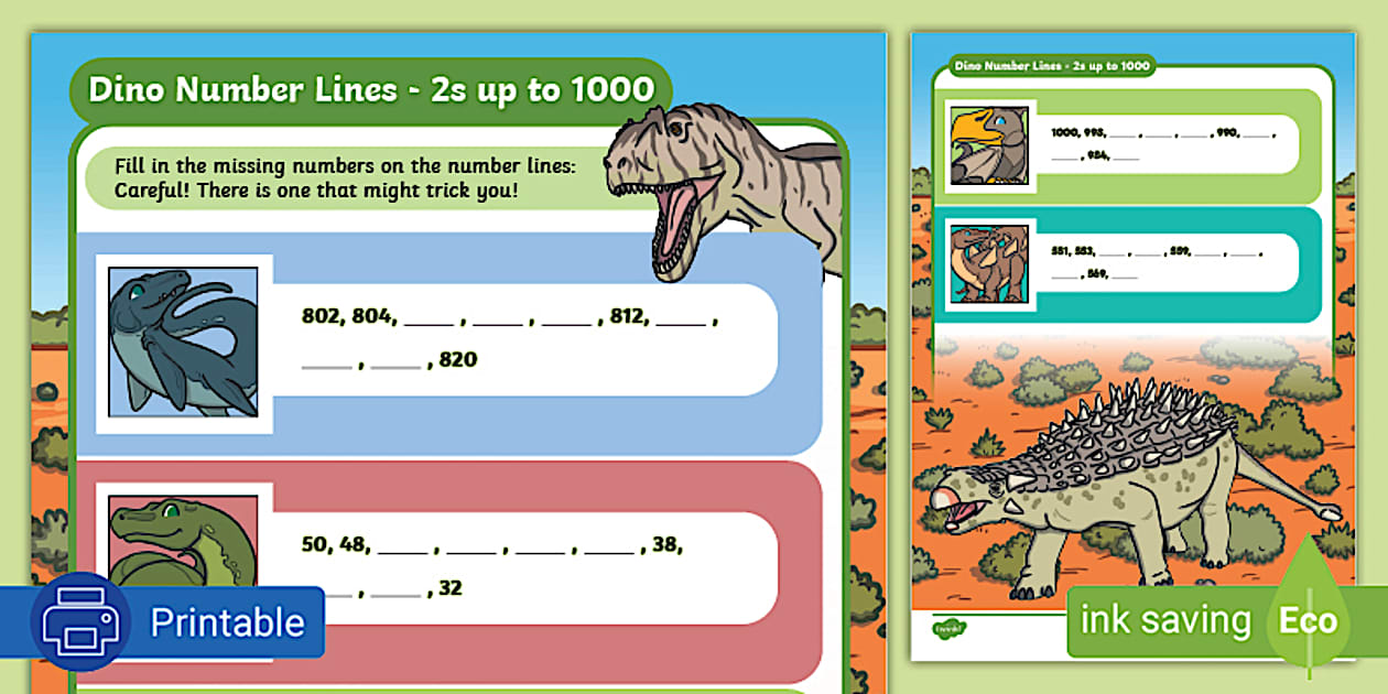 Grade 3 Mathematics: Dino Number Line - 2s up to 1000