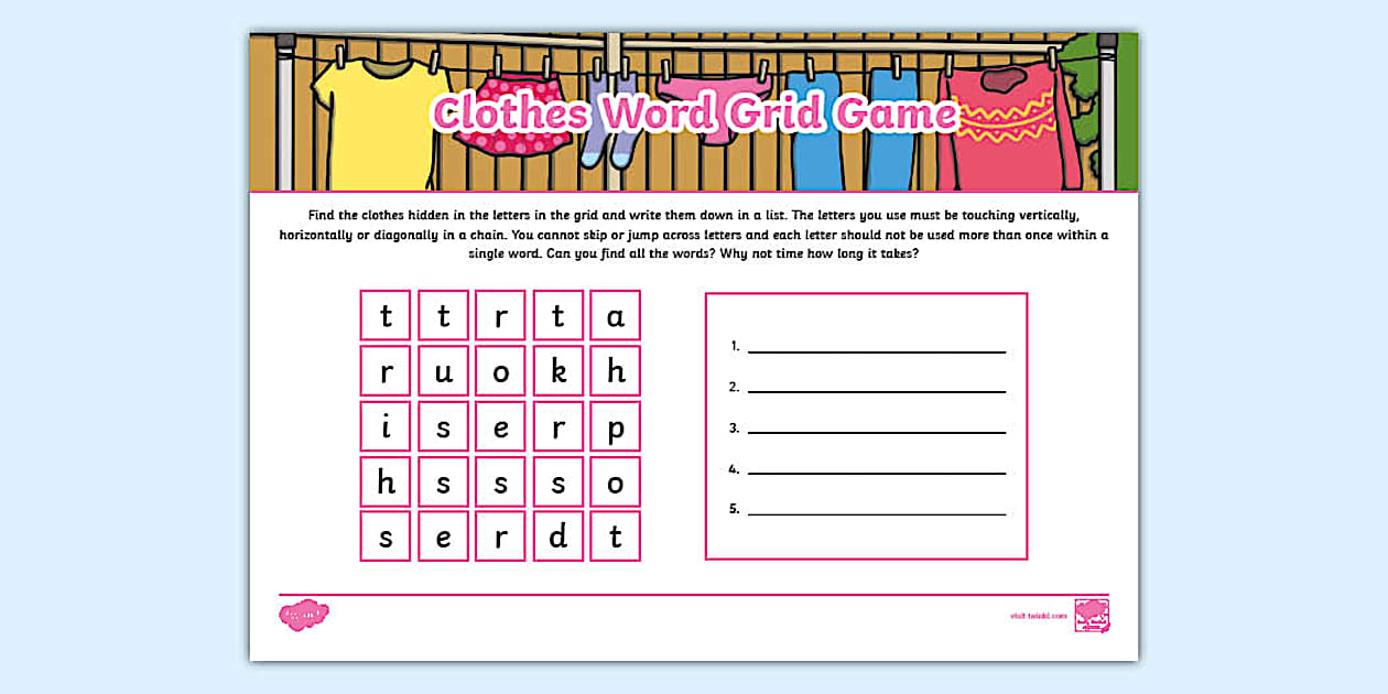 Word Grid Vocabulary Game for Learners of EAL: Clothes