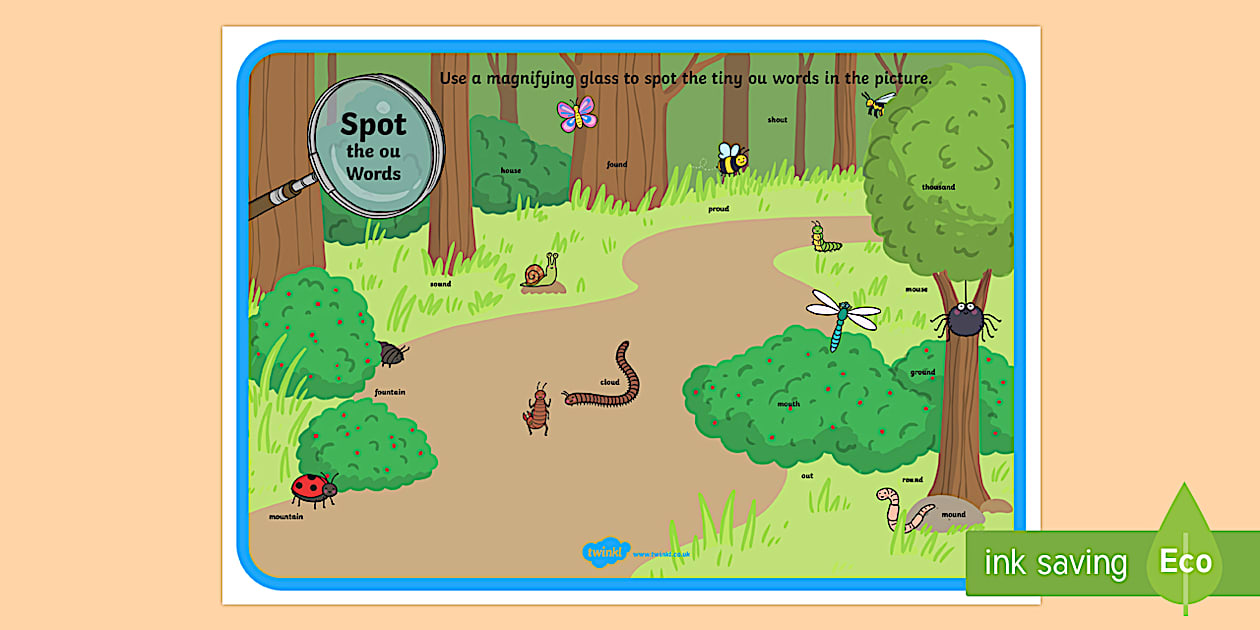 Phase 5 ou Words Minibeasts Scene Magnifying Glass Worksheet / Worksheet