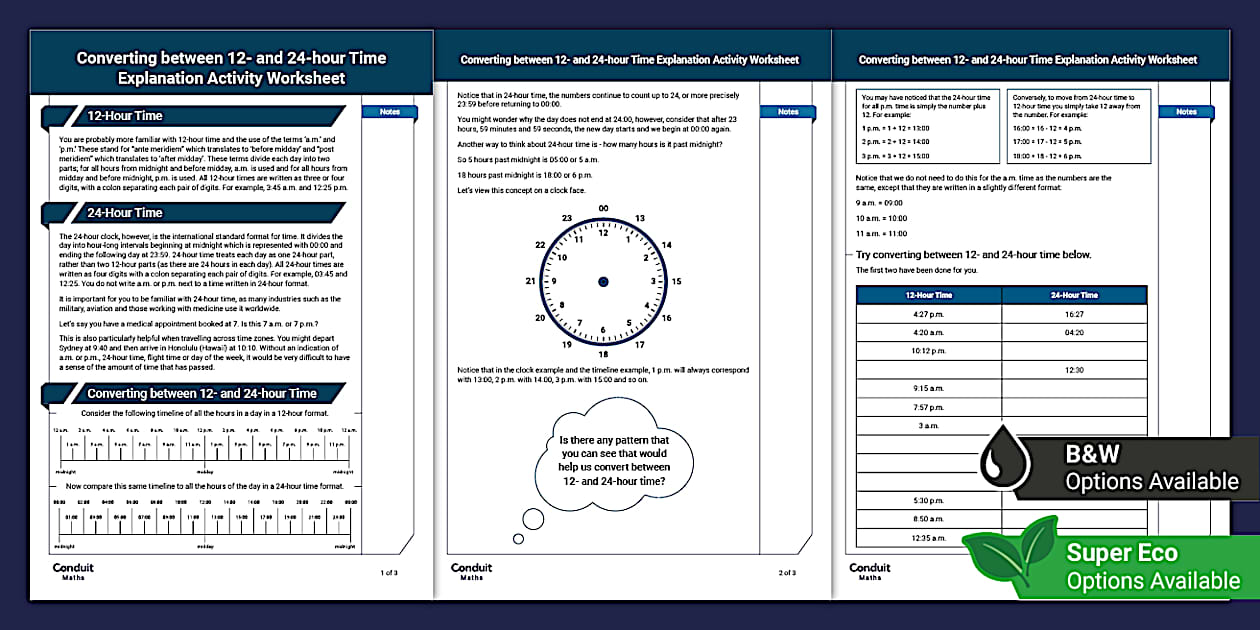 Converting between 12- and 24-hour Time Activity Worksheet Converting between 12- and 24-hour Time Activity Worksheet
