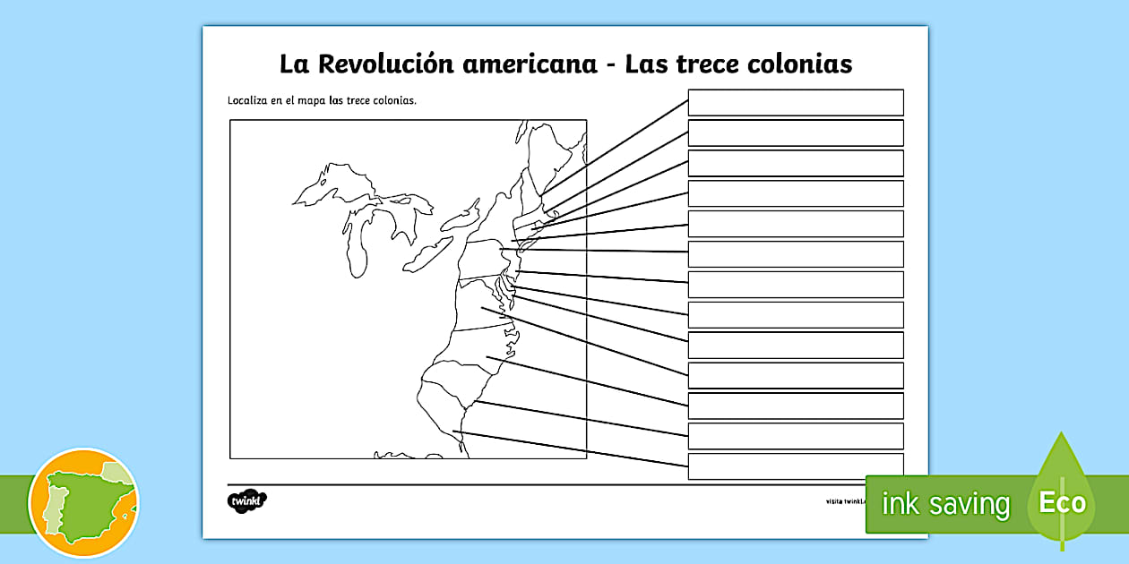 Ficha de actividad: Mapa de las trece colonias - Twinkl