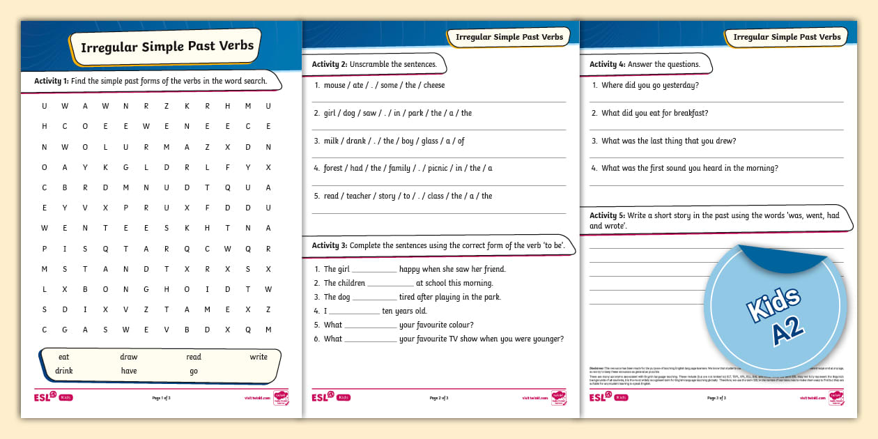 ESL Irregular Past Verbs Activity Sheet - Twinkl