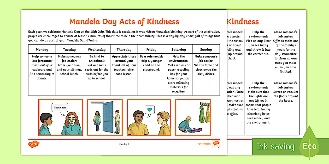 Editable Mandela Day Acts of Kindness Activity - Twinkl