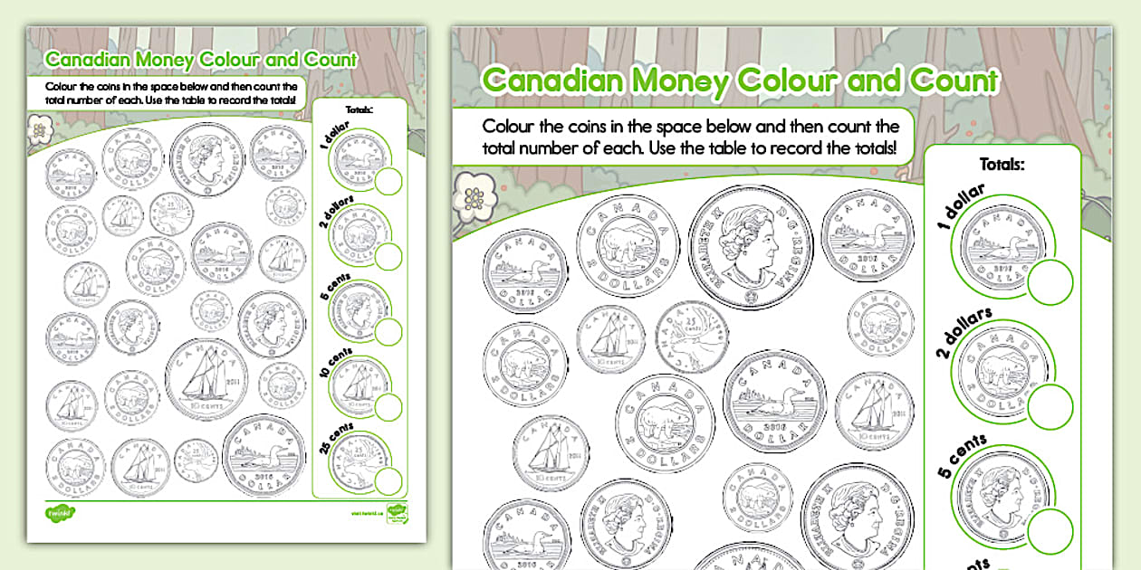 Canadian Money Colour and Count Worksheet (teacher made)