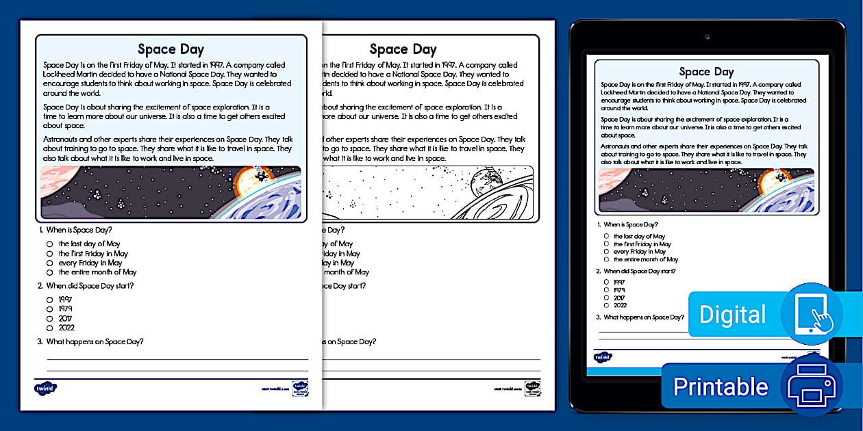 Second Grade Space Day Reading Passage Comprehension