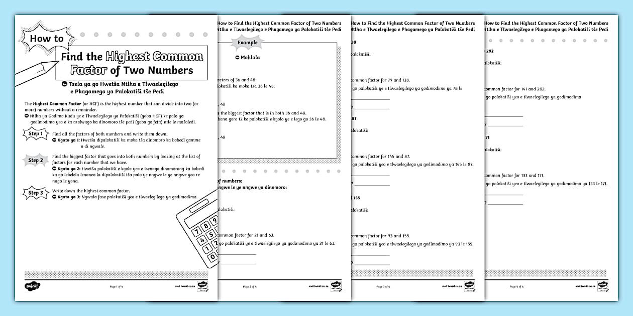 How to Find the Highest Common Factor of Two Numbers Activity Sheet Sepedi