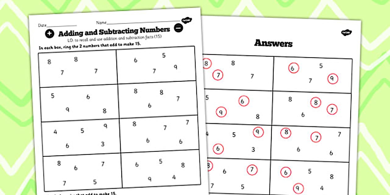 Number Facts to 20 Find Pairs to 15 Worksheet (teacher made)