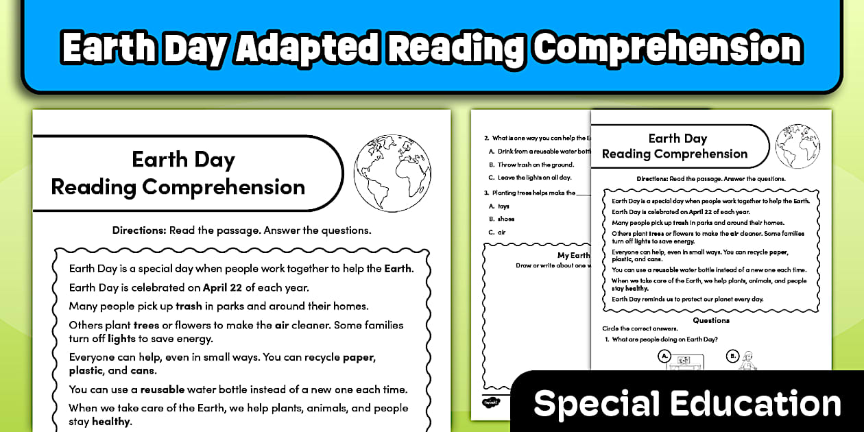 Earth Day Adapted Reading Comprehension Worksheet