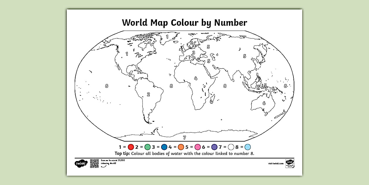 World Map Colour-by-Number Activity | Geography | Twinkl KS1