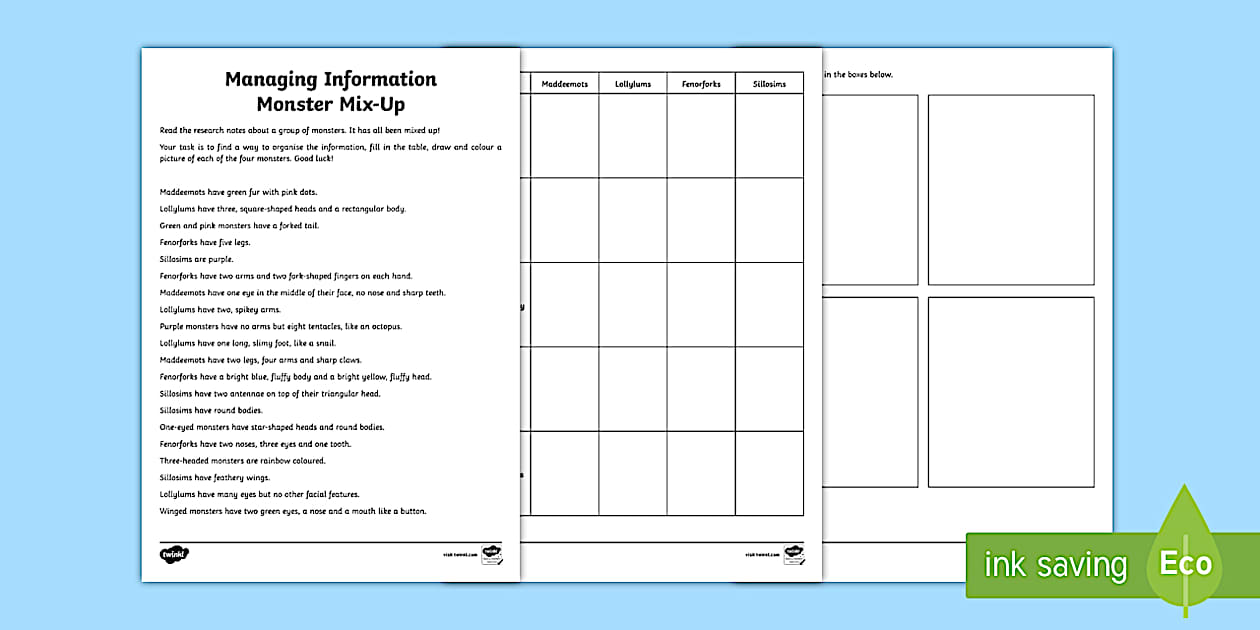 Managing Information: Monster Mix-Up Worksheets - Twinkl