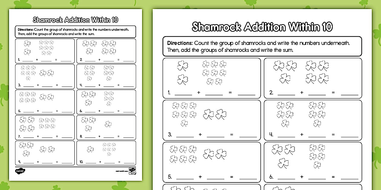 Shamrock Addition Within 10 Worksheet for K-1st Grade
