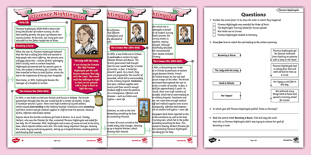 UKS2 Florence Nightingale Reading Comprehension Activity