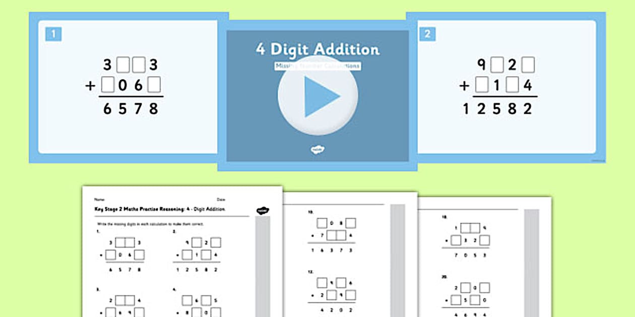 Junior Reasoning Test Practice Missing Number Calculations 4-Digit Addition