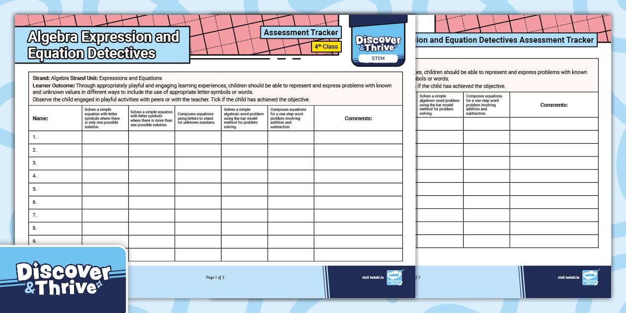 Algebra Equation and Expression Detectives Assessment Tracker