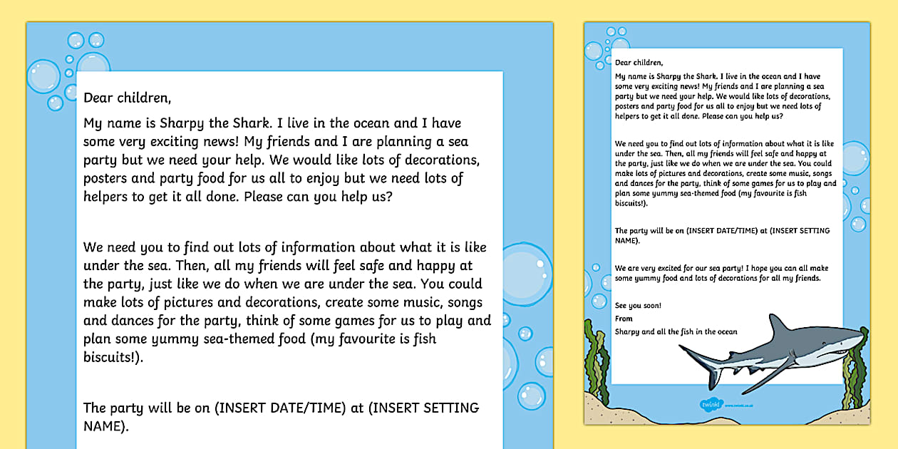 Editable Under the Sea Party Letter (teacher made) - Twinkl