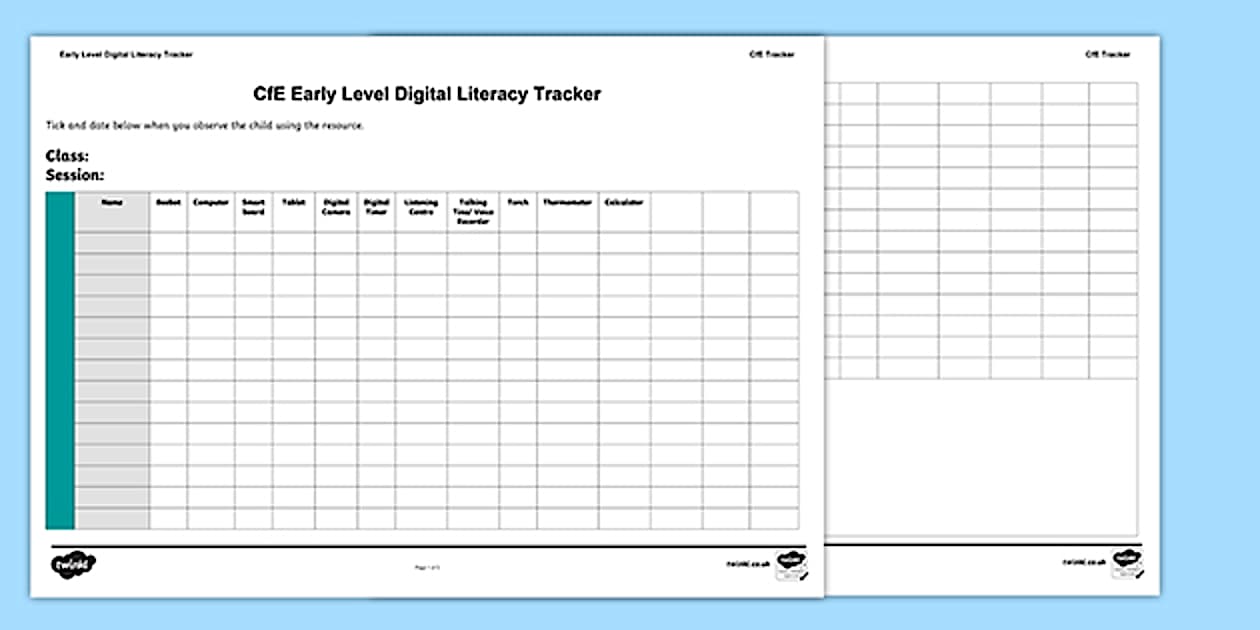 Digital Literacy Tracker CfE Early Level - Twinkl